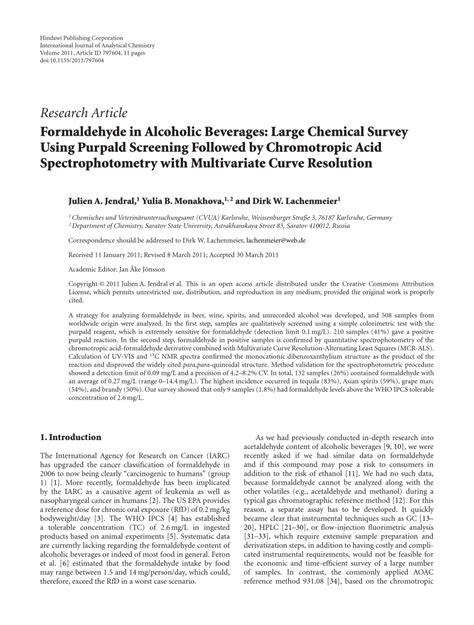 Pdf Formaldehyde In Alcoholic Beverages Large Chemical Survey Using Purpald Screening