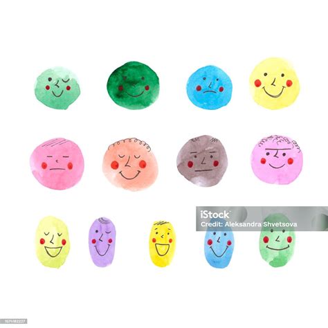 손으로 그린 수채화 이모티콘은 흰색 배경에 분리된 다채로운 얼굴입니다 스티커 라벨 어린이 섬유 및 기타 인쇄물에 사용할 수 있습니다 수채화에 대한 스톡 벡터 아트 및 기타