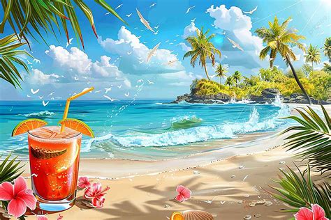 바다 해변 열대 섬과 차가운 음료가 포함된 안녕하세요 여름 인사말 카드 아름다운 여름 배경 배경 일러스트 및 사진 무료 다운로드 Pngtree