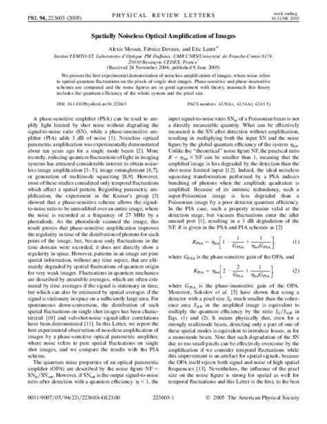 Pdf Spatially Noiseless Optical Amplification Of Images Eric Lantz