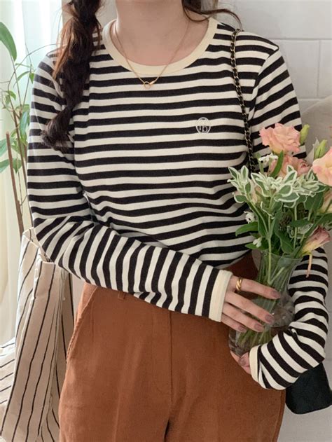 어베인 💕urbane Made💕 위클리 가을 여성 와플 스트라이프 티셔츠 단가라티 3c