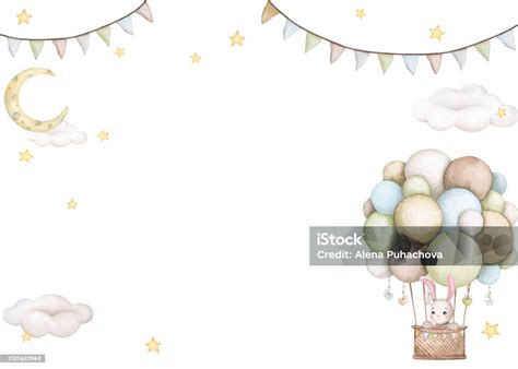 아기 토끼 소년 소녀 수채화 프레임 생일 배경 성별 파티 베이비 샤워 어린이 파티 파스텔 색상의 어린이 그림입니다 수평 카드 포스터 초대장 인사말 카드 수채화에 대한 스톡