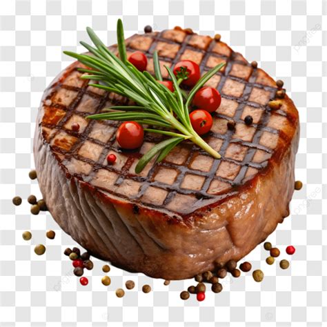 맛있는 구운 쇠고기 필레 스테이크 투명한 배경에 고립 된 음식과 맛있는 고기 식사를위한 고기 접시 군침 도는 까맣게 탄