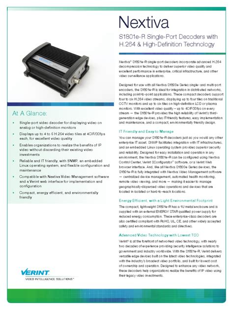 Nextiva S1801e R Decoder Data Sheet Pdf H264mpeg 4 Avc Video Nextiva S1801e R Decoder Data Sheet Pdf H264mpeg 4 Avc Video