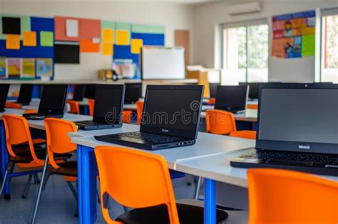 A Bright And Modern Classroom Filled With Laptops And Orange Chairs The Setup Encourages