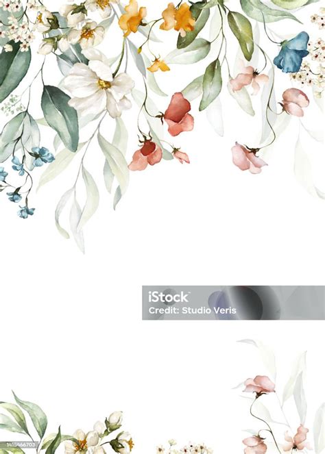 수채화 꽃 프레임 테두리 꽃다발 홍당무 핑크 레드 옐로우 오렌지 화이트 블루 옐로우 블라이블 피어 꽃 녹색 잎이있는 그림