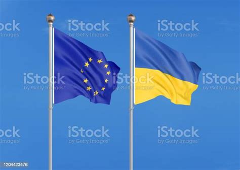 유럽 연합 Vs 우크라이나 유럽 연합 과 우크라이나의 두꺼운 색의 부드러운 플래그 하늘 배경에 3d 그림 일러스트레이션 0명에 대한 스톡 사진 및 기타 이미지 Istock