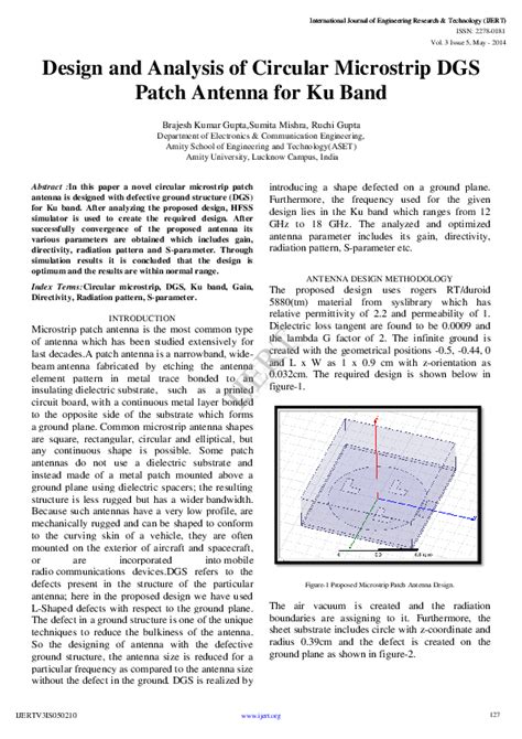Pdf Design And Analysis Of Circular Microstrip Dgs Patch Antenna For