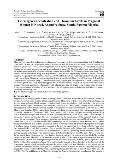Fibrinogen Concentration And Thrombin Levels In Pregnant Women In Nnewi Anambra State South