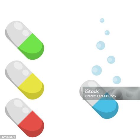 정제 세트 빨간색 파란색 녹색 노란색 캡슐 약물의 용해 기포와 알약 의료 치료 건강 병원 및 질병의 요소 플랫 일러스트레이션 0명에 대한 스톡 벡터 아트 및 기타 이미지