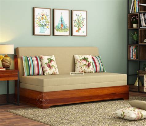 Buy Della 3 Seater Sheesham Wood Sofa Cum Bed Without Armrests Honey