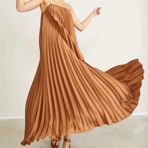 Tan Pleated Satin Dress Medium Pleated Satin Dress Satin Dresses