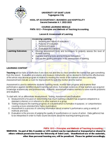 Lesson 8 Learning Assessment Pdf Educational Assessment Learning