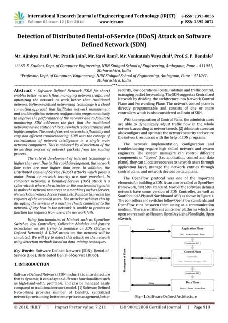 Irjet Detection Of Distributed Denial Of Service Ddos Attack On Software Defined Network Sdn
