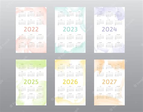 2022년 2023년 2024년 2025년 2026년 2027년 추상 수채화 물감 브러시 스트로크가 있는 달력 컬렉션 주는 일요일에 시작됩니다 프리미엄 벡터