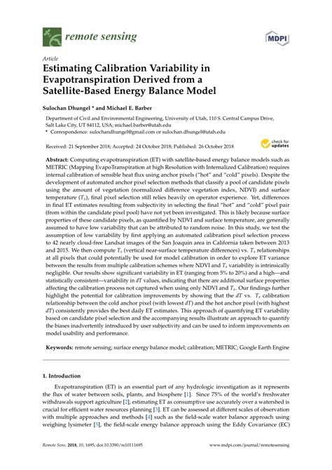 Pdf Remote Sensing Estimating Calibration Variability In Evapotranspiration Derived From A