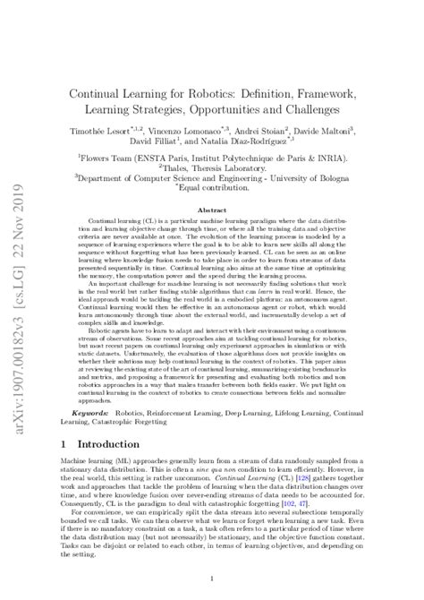 Pdf Continual Learning For Robotics Definition Framework Learning Strategies Opportunities