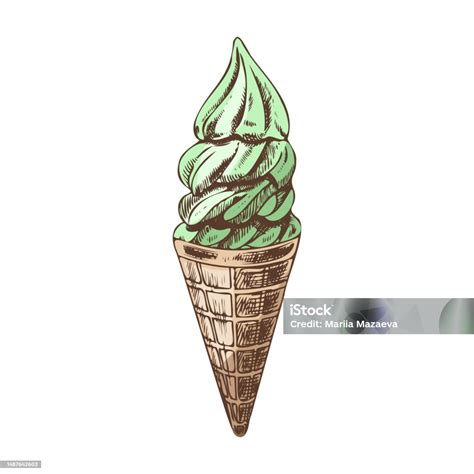 냉동 요구르트 또는 소프트 아이스크림을 곁들인 와플 콘의 손으로 그린 컬러 스케치 빈티지 그림입니다 라벨 포장 및 엽서 디자인을위한 요소 고풍스런에 대한 스톡 벡터 아트 및
