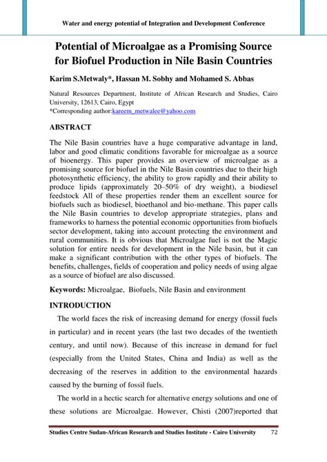PDF Potential Of Microalgae As A Promising Source For Biofuel Production In Nile Basin Countries