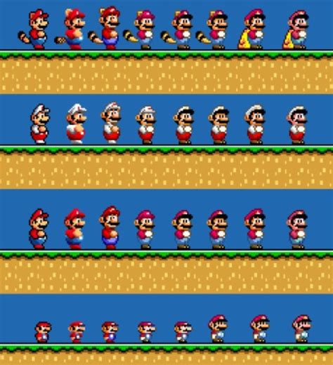 Supper Mario Broth Evolution Of The Sprites Of Various Forms Of Mario