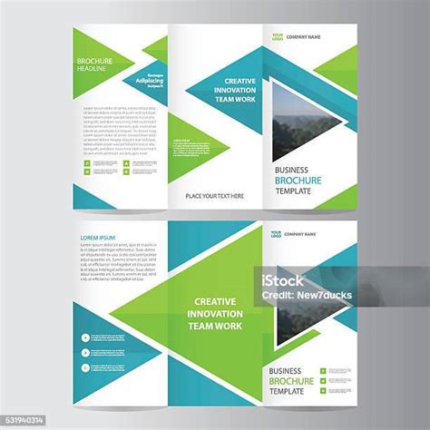 녹색 청색의 삼각형 3단 브로셔 고객 비즈니스 전단지 형판 벡터 0명에 대한 스톡 벡터 아트 및 기타 이미지 0명 3단 브로슈어 기업 재무와 산업 Istock