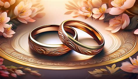 Intricate Gold Wedding Bands Rest On An Ornate Dish Surrounded By Delicate Pink Blossoms