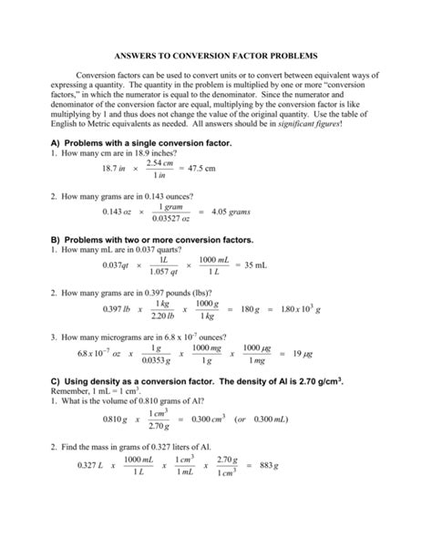 Conversion Factor Problems Answers And Examples