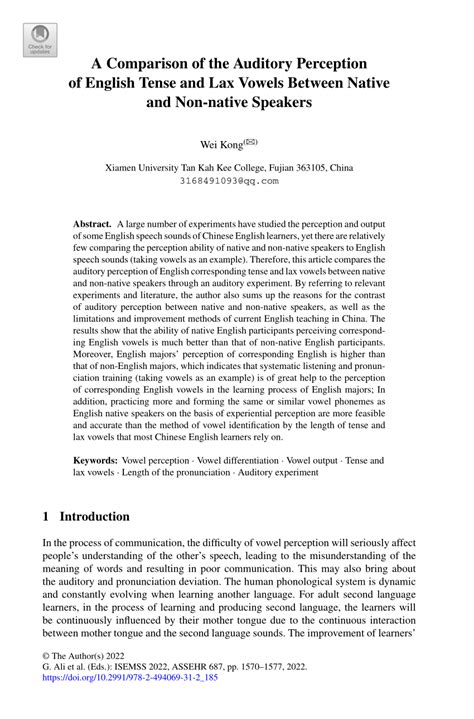 Pdf A Comparison Of The Auditory Perception Of English Tense And Lax Vowels Between Native And