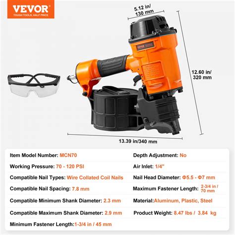 Vevor Mcn70 Coil Siding Nailer 1 34 To 2 34 Inch 15 Degree Pneumatic