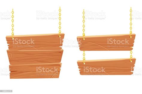 흰색 배경에 고립 된 만화 스타일의 간판 황금 체인나무 프레임 매달려 설정합니다 질감나무 판자 장식 Ui 게임 자산 벡터 일러스트레이션 0명에 대한 스톡 벡터 아트 및 기타