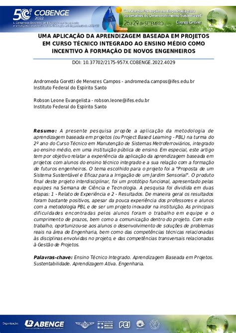 Pdf Uma Aplicação Da Aprendizagem Baseada Em Projetos Em Curso Técnico Integrado Ao Ensino