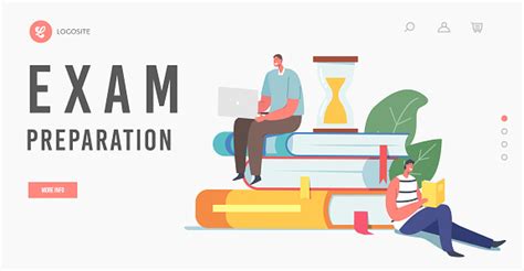 청남 학생들은 시험 방문 페이지 템플릿을 준비합니다 책의 더미에 앉아 읽는 작은 남성 문자 공부에 대한 스톡 벡터 아트 및 기타