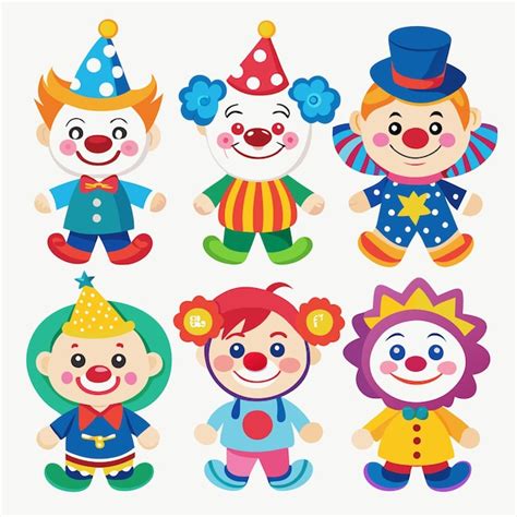 Set Of Six Cute Cartoon Clowns With Different Hairstyles And Outfits