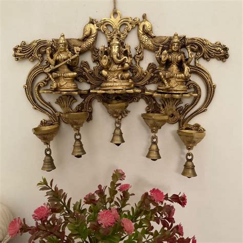 Brass Wall Hanging Diya Bell Lakshmi Ganesh Saraswati Indian Brass