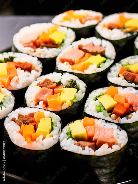 Kimbap Seaweed Rice Roll On Plate Recipe Popular Korean Street Food