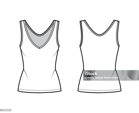몸에 맞는 코튼 저지 탱크 테크니컬 패션 일러스트 딥 V 넥라인 길쭉한 밑단 플랫 아웃웨어 의류 0명에 대한 스톡 벡터 아트 및 기타 이미지 Istock
