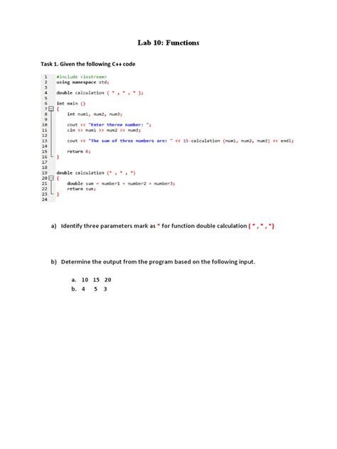 Lab 10 Functions Task 1 Given The Following C Code Pdf Body