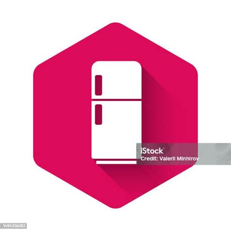 흰색 냉장고 아이콘은 긴 그림자로 분리되어 있습니다 냉장고 냉동고 냉장고 가정용 기술 및 가전 제품 핑크 육각형 버튼 벡터 0명에 대한 스톡 벡터 아트 및 기타 이미지