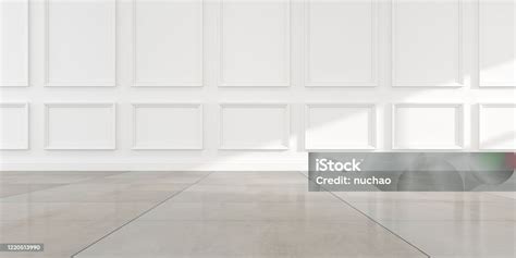 흰색 빈 방과 대리석 타일 바닥의 모형 태양 빛과 석회화패널 벽에 그림자를 캐스팅 고전적인 인테리어 디자인의 관점 3d 렌더링 0명에 대한 스톡 사진 및 기타 이미지