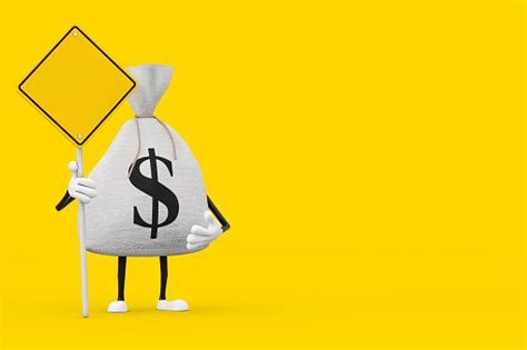 당신의 디자인을위한 무료 공간과 노란색 도로 표지판과 소박한 캔버스 리넨 돈 자루 또는 머니 백과 달러 기호 문자 마스코트를 묶어 3d 렌더링 0명에 대한 스톡 사진 및