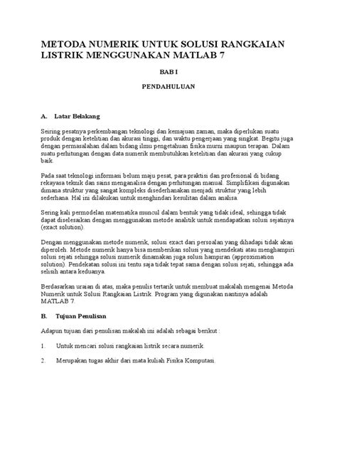 Metoda Numerik Untuk Solusi Rangkaian Listrik Menggunakan Matlab Pdf