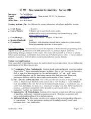 IE 555 Syllabus Spring 2020 Pdf IE 555 Programming For Analytics Spring 2020 Instructor E