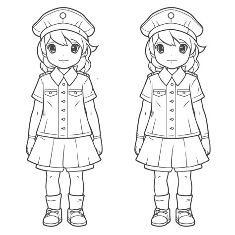 Young Girl In Uniform Walking And Standing Coloring Page Outline Sketch
