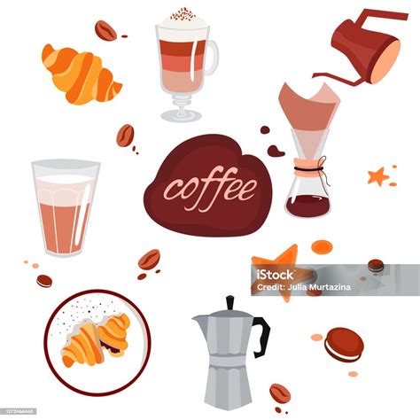 커피 메이커 커피 컵 크루아상이 있는 엽서 아메리카노 카푸치노 라떼 벡터 그림입니다 커피 세트 개념에 대한 스톡 벡터 아트 및 기타 이미지 Istock