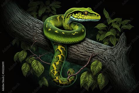 On A Branch A Green Tree Python Snake Is Poised To Strike Close Up Of A Chondropython Viridis