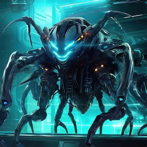 Premium Ai Image A Large Robot Spider With Blue Eyes And A Blue Light
