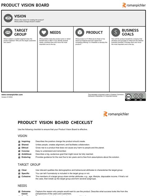 Product Vision Board With Checklist Pdf Target Audience Marketing