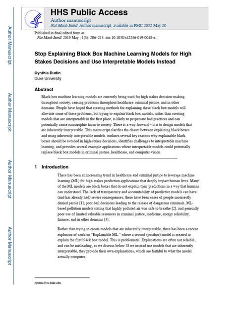 Rudin 2019 Stop Explaining Black Box Machine Learning Models For High Stakes Decisions And
