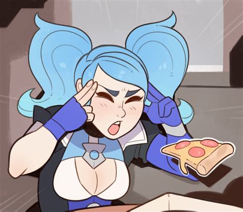 Splashbrush Evie Paladins Paladins 1girl Asymmetrical Gloves Blue Eyes Breasts Cleavage