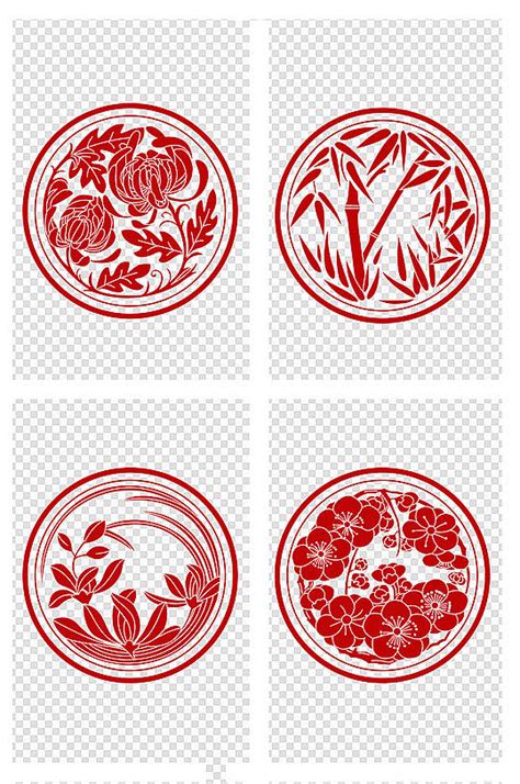 梅兰竹菊圆形剪纸元素 众图网